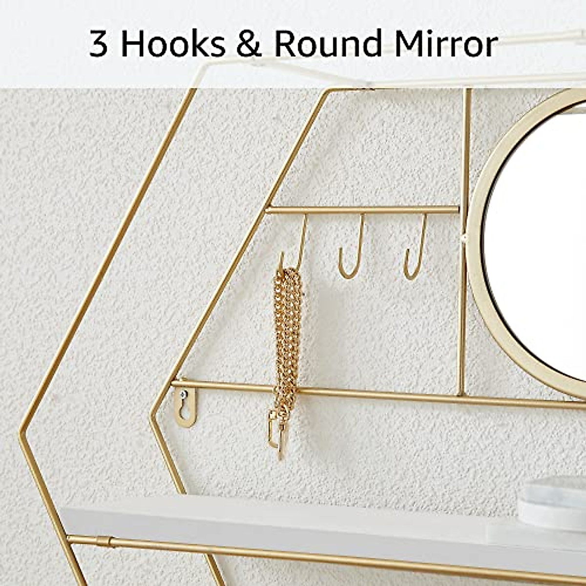 TFER Floating Shelves Wall Mounted Hexagon Wall Shelf Hanging Shelves for Wall Storage Rustic Wood Wall Shelves for Bedroom, Living Room, Bathroom, Kitchen, Office, with Mirror and Hooks (Gold)