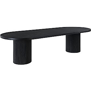 Meridian Furniture 725Black-T Belinda Collection Mid-Century Modern Solid Wood Black Oak Veneer Dining Table, Oval Design, Fluted Bases, 2 Leaves Included, 90"/106.5"/123" W x 47.5" D x 31" H, Black