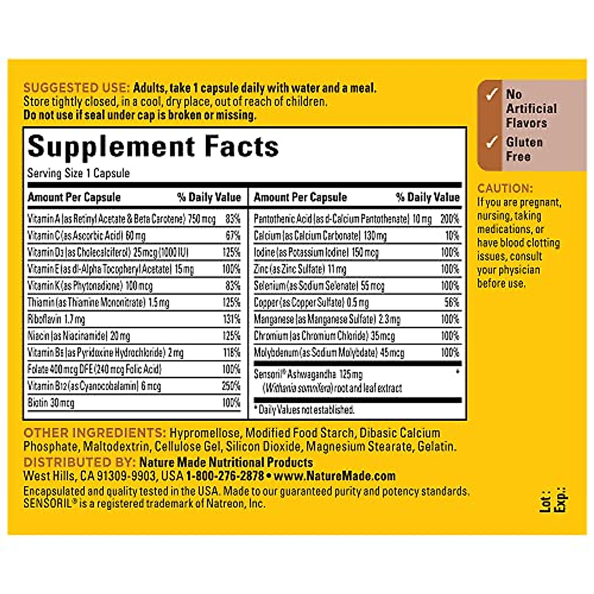 Nature Made Multi + Ashwagandha, Multivitamin for Women and Men for Daily Stress Relief Support, One Per Day, 60 Capsules