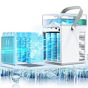 Portable Air Conditioner Fan, Rechargeable 4-IN-1 Personal Mini Cooler Humidifier, 3-Speed Evaporative Air Cooler with 7 Color Lights, Cordless AC Desktop Spray Fan, Quiet Desktop Cooling Fan