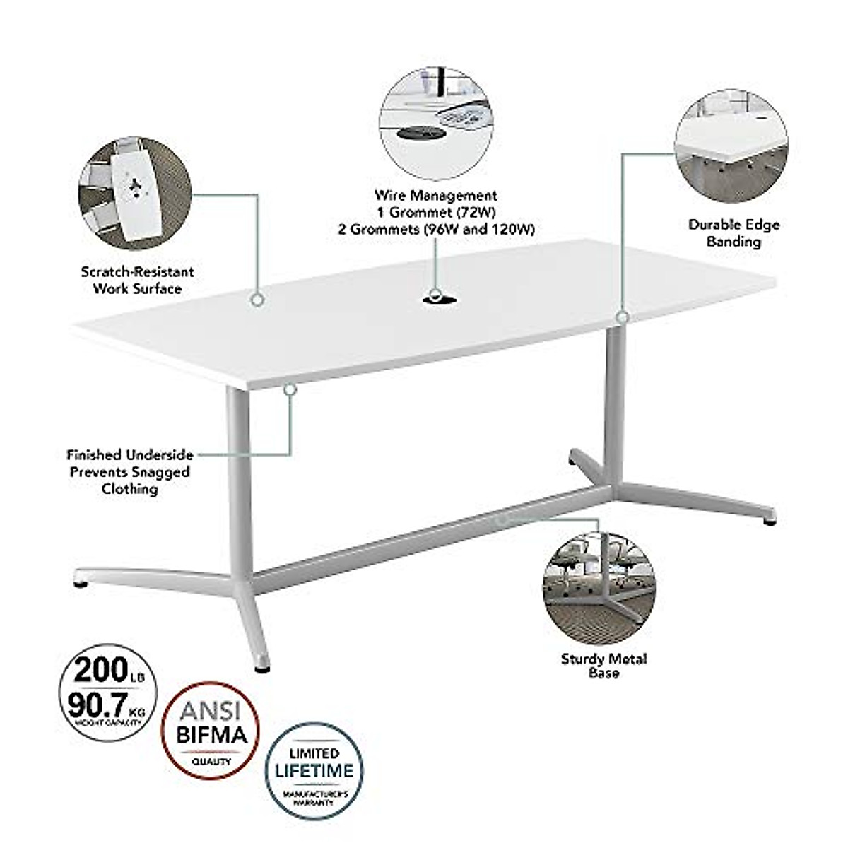 Bush Business Furniture 120W x 48D Boat Shaped Conference Table with Metal Base in White