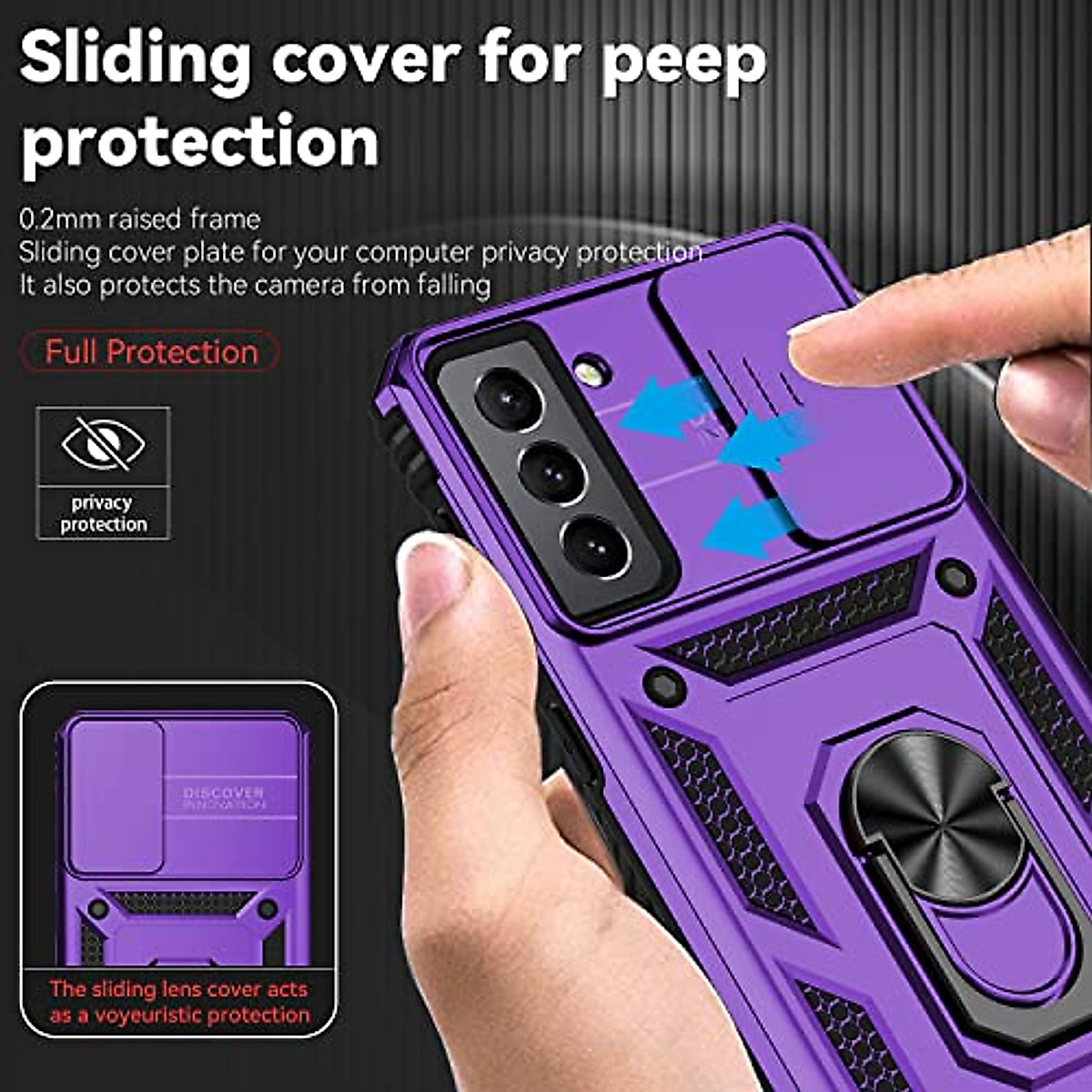 for Samsung Galaxy S21 FE 5G Case with Camera Lens Cover HD Screen Protector, Military-Grade Drop Tested Magnetic Ring Holder Kickstand Protective Phone Case for Samsung Galaxy S21 FE 5G (Purple)