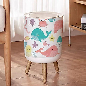 LGCZNWDFHTZ Small Trash Can with Lid for Bathroom Kitchen Office Diaper Cute Set sea Animals Collection Fish Crab Jellyfish Stingray Bedroom Garbage Trash Bin Dog Proof Waste Basket Cute Decorative