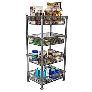 Kitchen Details 4 Tier Slim Basket Shelf Rack | Storage & Organizer | Kitchen | Bathroom | Laundry Room | Office | Good for Food and Kitchen Supplies | Smoke Grey