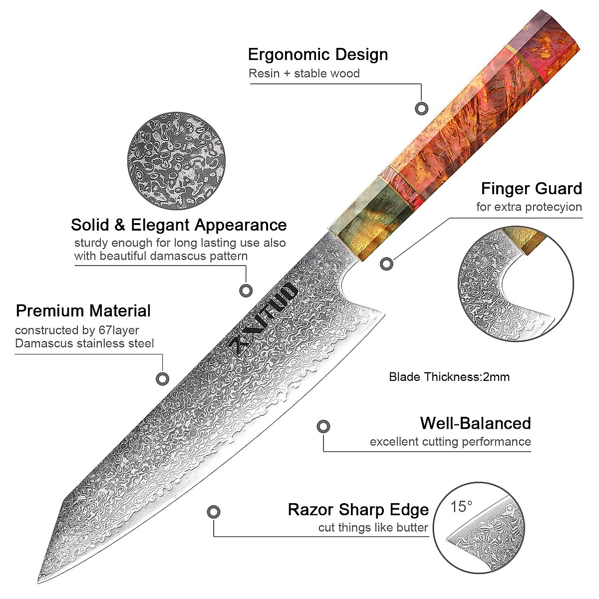 XT XITUO Kiritsuke Chef Knife,8 inch kitchen Knives Japanese VG10 Steel Damascus Kitchen Meat Sushi Cutting Cleaver Knife w/octagon Wood handle Gift Box (8-Inch Kiritsuke Knife)…
