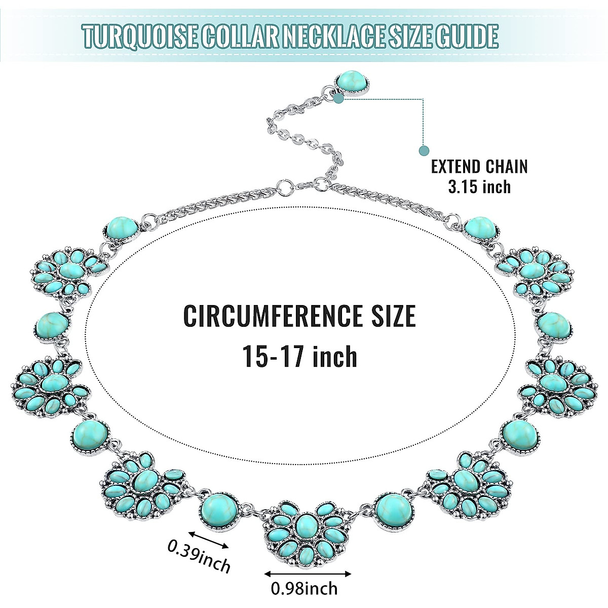 Bonuci Turquoise Collar Necklace Long Necklaces for Women Western Jewelry Silver Boho Necklace Pendant Choker Necklaces with Buckle for Women(Green,Flower)