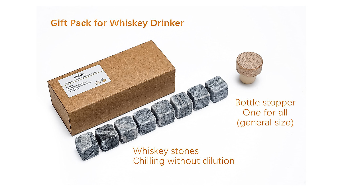 Whisky Stones Set of 8 with Bottle Stopper | Perfect Gift for Whisky Lovers
