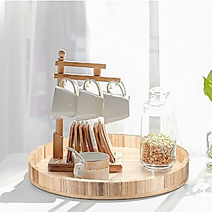 13 Inches Large Solid Wooden Serving Tray Round Tea Coffee Table Tray Snack Food Meals Serving Plate Kitchen Party Bar Server Breakfast Tray with Raised Edges Nature Wood Ottoman Tray