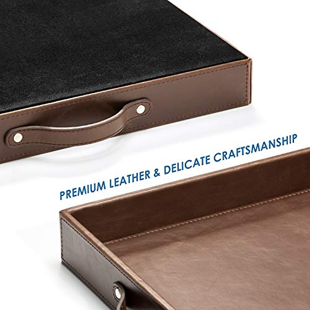 Ranslen Square Leather Serving Tray with Handles, 15"x15" Table Trays for Ottoman Coffee Table, Decorative Tray for Home Organizer Living Room Kitchen Food Tray, Breakfast Tray in Bed, Brown