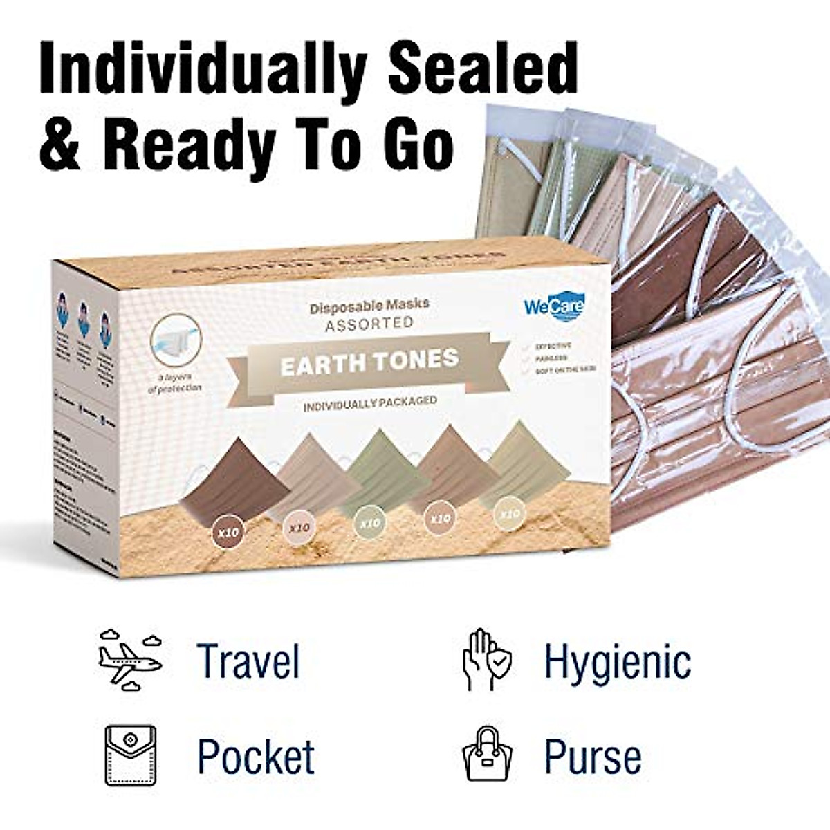 WECARE Disposable Face Mask Individually Wrapped - 50 Pack, Assorted Earth Tone Print Masks - 3 Ply