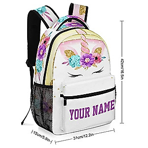Custom Kid Backpack, Pink Unicorn Flower Personalized School Bookbag with Your Own Name, Customization Casual Bookbags for Student Girls Boys
