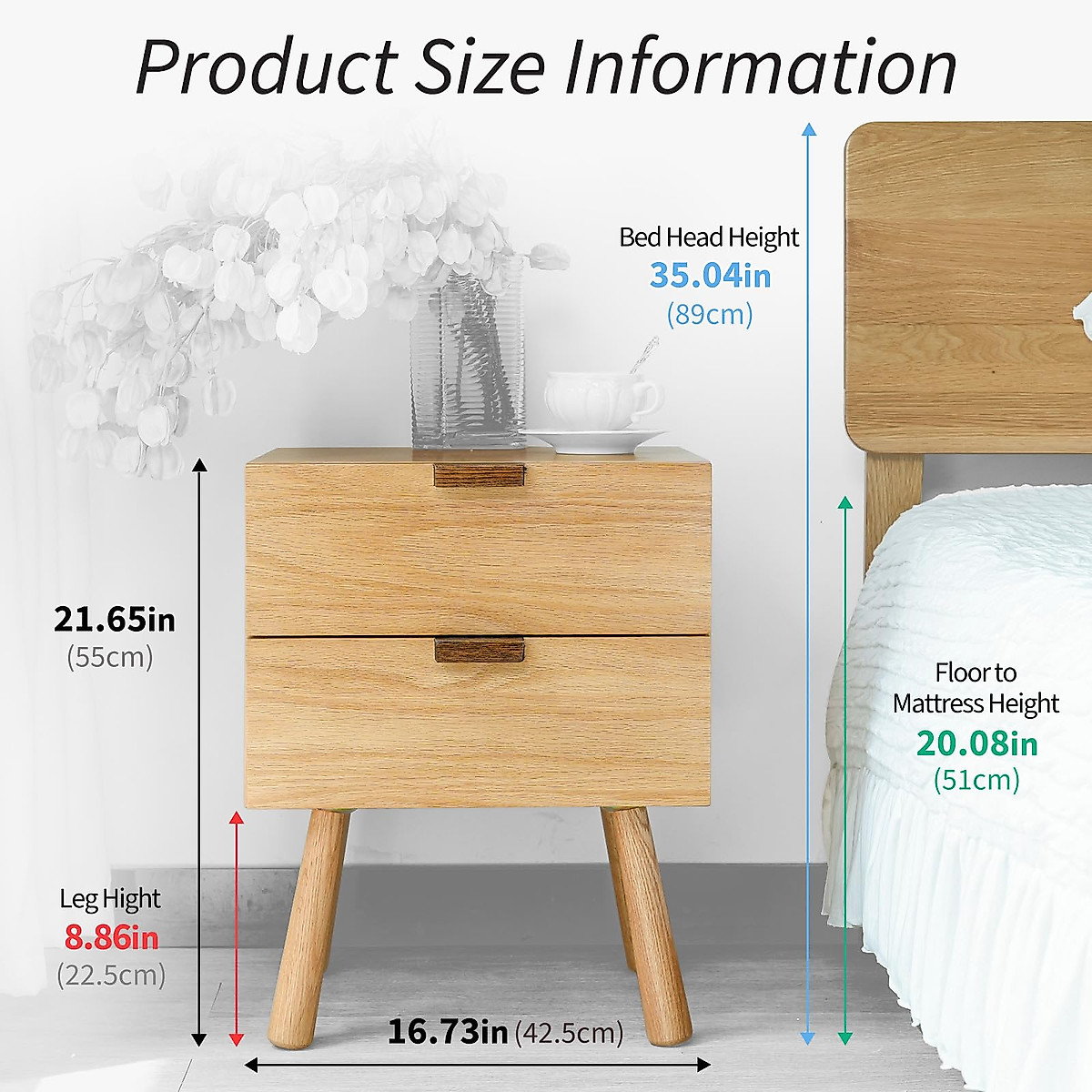 Cttasty Night Stand, Mid Century Modern Nightstand w/2 Drawers, Cute Small Nightstand, Boho Nightstand, Solid Wood Bedroom Nightstand, Oak Bedside Table, 16.54 W x 15.75 D x 21.65 H Inches(Natural)