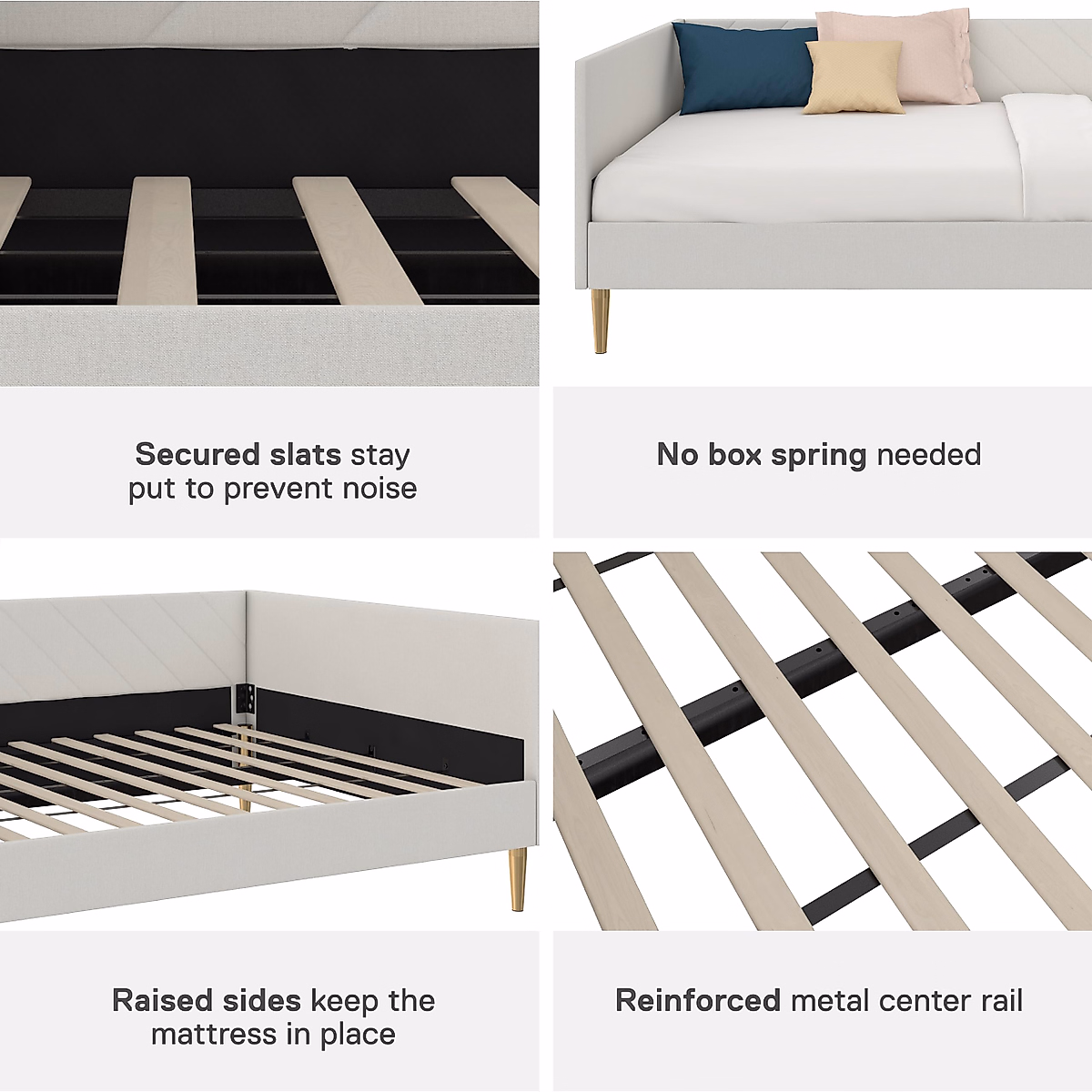 DHP Alicent Full Upholstered Daybed with Gold Metal Legs, Gray Linen