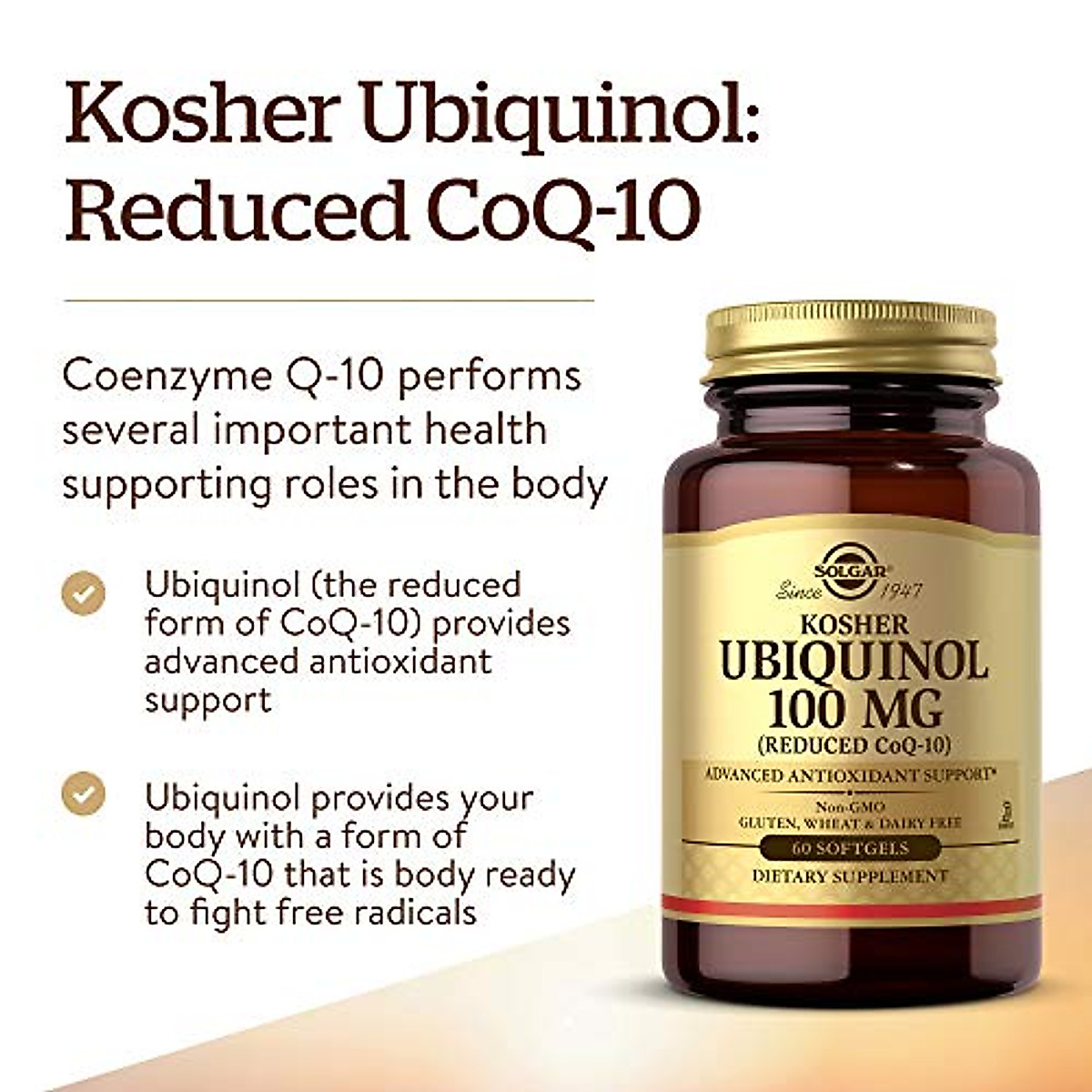Solgar Kosher Ubiquinol 100mg, 60 Softgels - Advanced Antioxidant Support - Heart Health - Reduced Coenzyme Q10 (CoQ-10) - Non-GMO, Gluten Free, Dairy Free, Kosher - 60 Servings