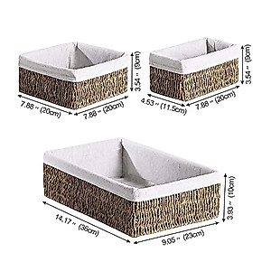 FairyHaus Seagrass Storage Baskets with Liner, Natural Small Seagrass Baskets, Hand-woven Nesting Wicker Baskets Set for Shelves Rectangle 3Pack (L+M+S)