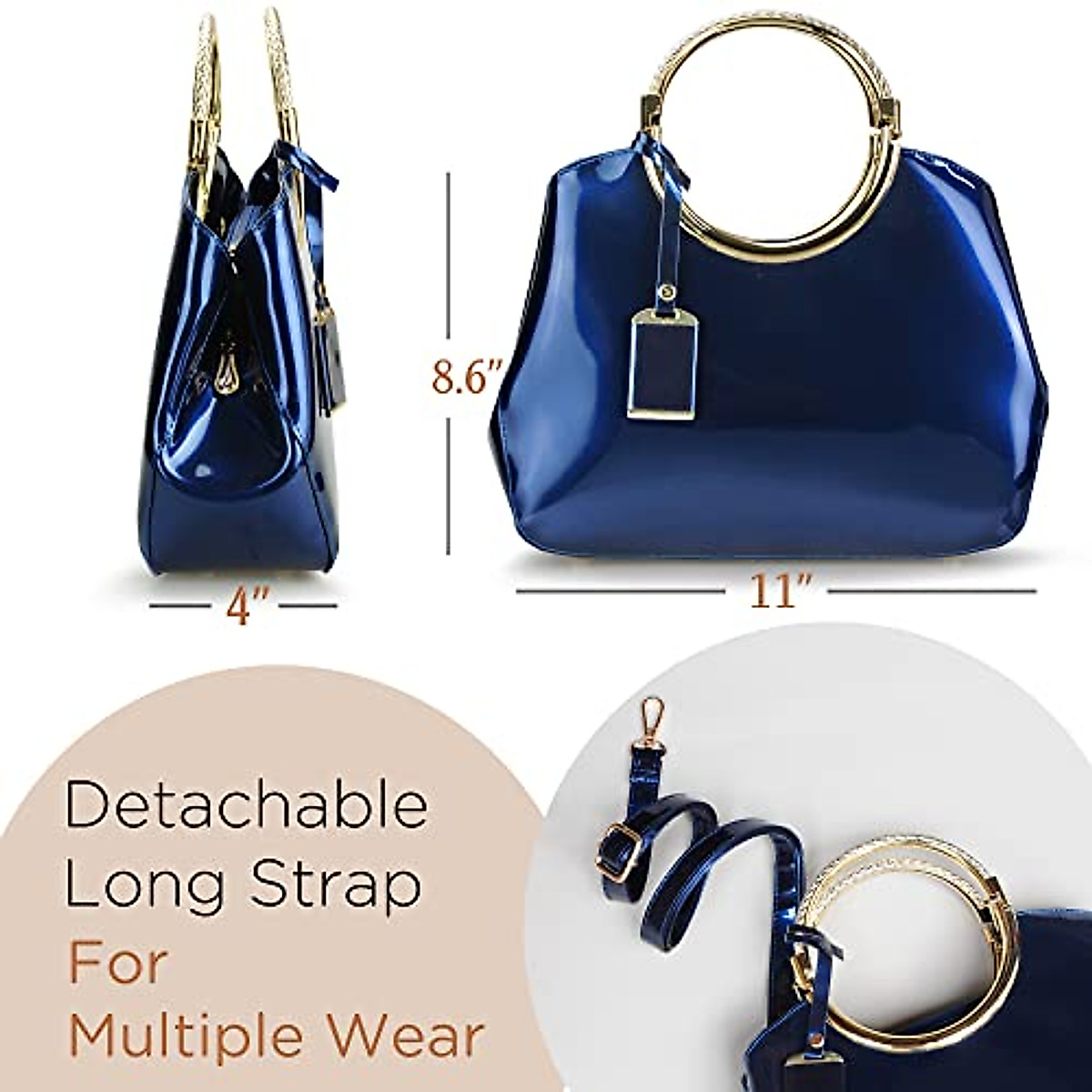 HOXIS Charm Glossy Metal Grip Structured Shoulder Handbag Top Handle Patent Leather Handbags for Women (Navy)