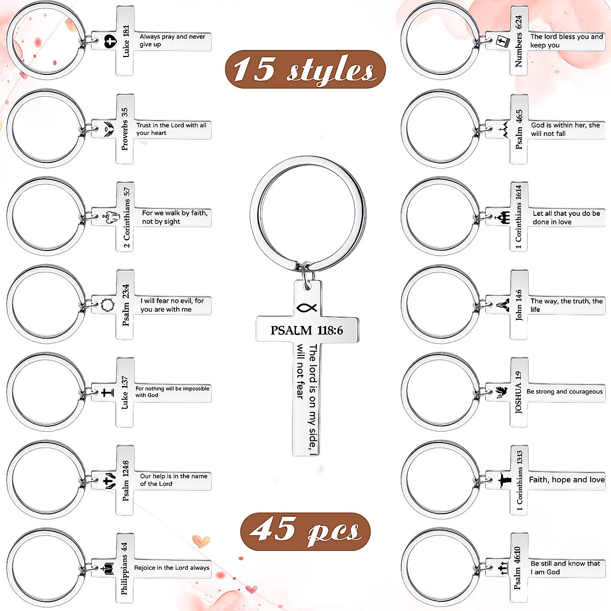 Loetere 45 Pcs Christian Cross Keychain Bulk 15 Styles Bible Verse Keychain Stainless Steel Religious Inspirational Gifts (Sliver,Bible)