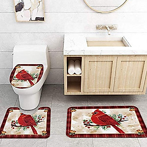 OneHoney 4 Piece Christmas Shower Curtain Sets with Non-Slip Rugs, Watercolor Cardinal Berry Bathroom Waterproof Curtains, Poinsettia Flower Doormat, Toilet Lid Cover and Bath Mat