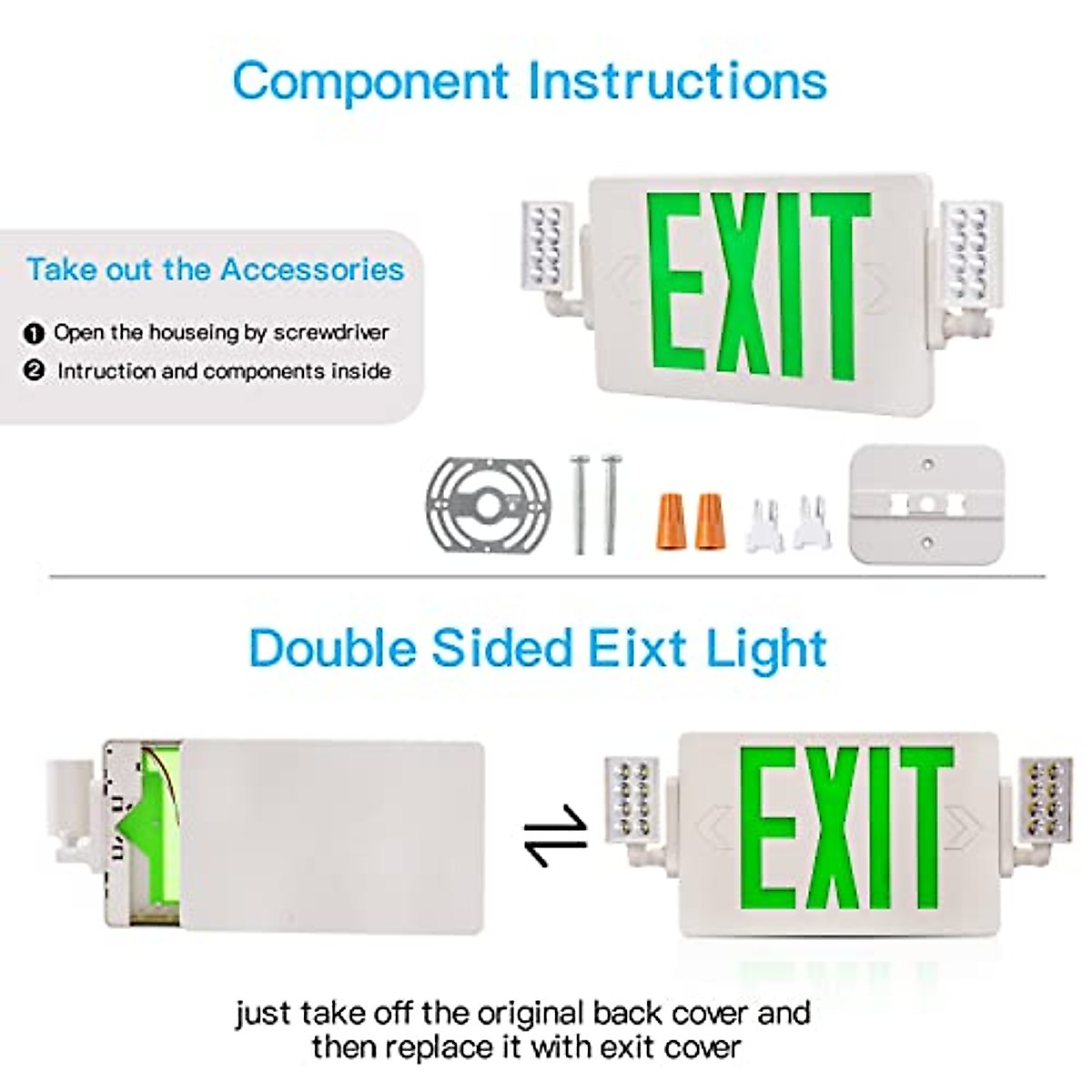 EXITLUX 2 PACK LED Green Emergency Exit Sign Lighting Combo with Battery Backup&Adjustable Two Head-US Standard UL Listed -Hardwired-Operated Powered Exit Sign for Room,Street,Window.Stairs.
