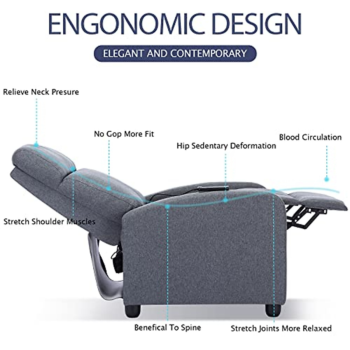 ANJ Massage Recliner Chair Fabric Winback Recliner Chairs, Modern Padded Seat Reclining Chair Single Sofa for Living Room, Adjustable Home Theater Seating Office (Light Grey)