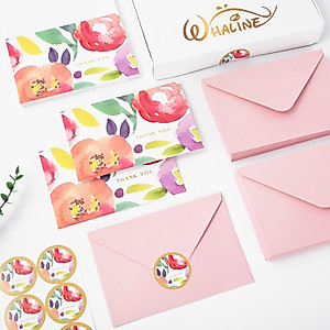 Whaline 50 Pack Floral Thank You Cards Boxed Pink Watercolor Flower Gold Foil Greeting Cards with Envelopes Stickers Blank Note Cards for Wedding Bridal Baby Shower Birthday, 4 x 6 Inch