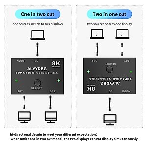 ALYYDBG 8K Display Port Switch, Bidirectional DP 1.4 Switcher Box with One-Click Switching, Supports 2 in 1 Out / 1 in 2 Out; 8K@60Hz, 4K@120Hz, 1080P@240Hz for PC Monitor Laptop