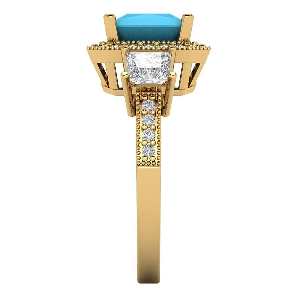 Clara Pucci 2.93 ct Cushion Cut Halo 3 stone Genuine Simulated Turquoise Engagement Promise Anniversary Bridal Ring 18K Yellow Gold 5.25