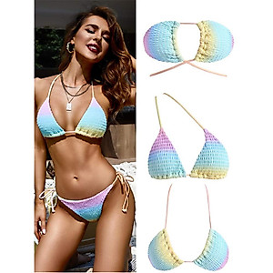ZAFUL Women's Halter Neck Smocked Rainbow Tie Side String Triangle Bikini Set (4-Multi, M)