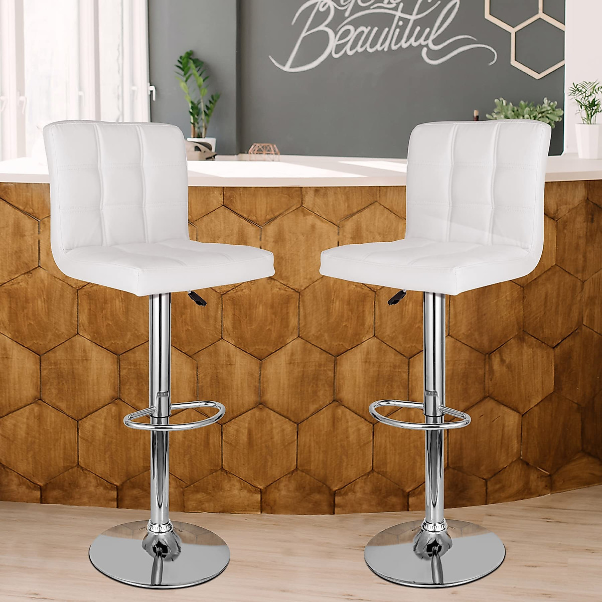 SUPER DEAL Set of 2 Bar Stools for Kitchen, Modern PU Leather Swivel Adjustable Counter Height Swivel Stool with Square Back (2, White)