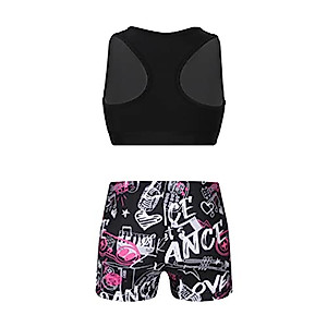 YONGHS Kids Girls Sports Tankini Outfit Crop Top with Booty Shorts Gymnastic Suit Swimsuit Swimwear Rock Music Rose 5-6 Years