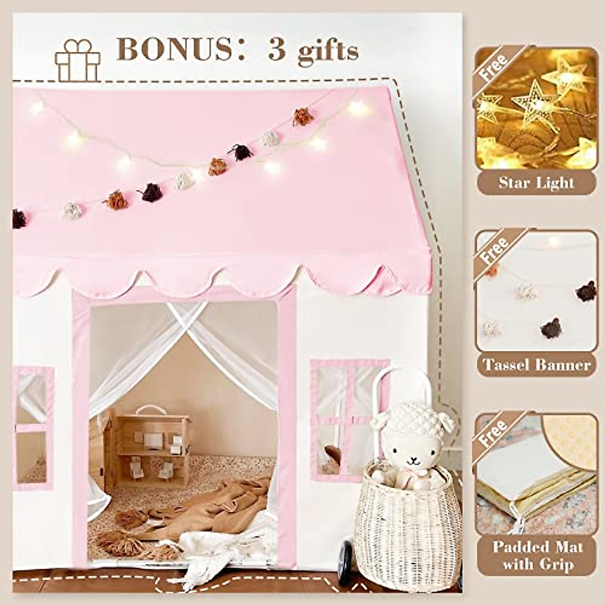 Large Kids Play Tent with Windows, Tassels, Star Light & Padded Mat Kids Tent Playhouse for Kids Indoor & Outdoor Bed Tent for Toddler Toys for Boys Girls Neutral Play Room Furniture, Pink