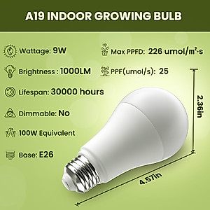 Grow Light Bulbs, LED Grow Light Bulbs A19, Full Spectrum Plant Light Bulbs, 100W Equivalent Grow Bulb, E26 Base, 9W Grow Lights for Indoor Plants, Flowers, Seed Starting, Greenhouse, 4000K, 2-Packs