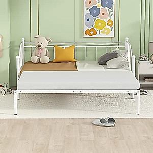 Polibi Twin Size Metal Daybed with Trundle, Extendable Day Bed Frame for Living Room Bedroom, No Spring Box Required, White