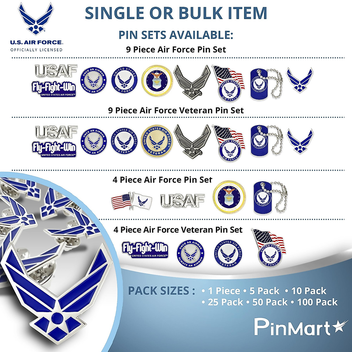 PinMart’s Officially Licensed US Air Force Wing Lapel Pins – USAF Flag, USAF Emblem, & Air Force Insignia Military Pins – Perfect Veterans Day Gifts for Men and Women with Secure Clutch Back