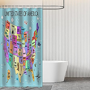 DLTAY United States Map Shower Curtain, USA Shower Curtain Cartoon Animal US Map Kids Educational Shower Curtain Set Waterproof Bath Tub Curtain Bathroom Decor with 12 Hooks, 72x72 inches
