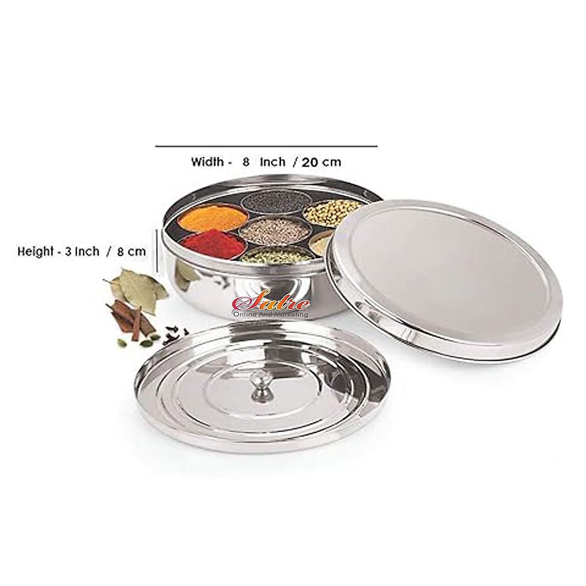 Satre Online and Marketing Stainless Steel Masala Box,Stainless Steel Spice Box,Spice Box with 7 Spice Containers, 2 Spoon With Lid,Spice box,Masala Box,Masala Dabba