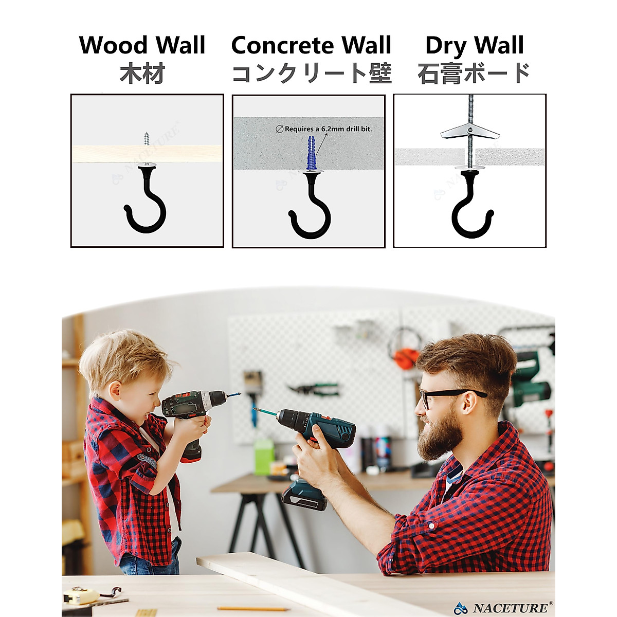 NACETURE Large Swag Ceiling Hooks for Hanging Plants - Heavy Duty Ceiling Hangers, Chandelier Hook Ceiling Installation for Cavity Wall Fixing(Black 2 Pack)