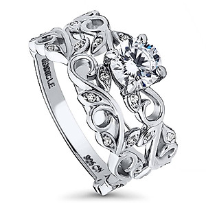 BERRICLE Sterling Silver Leaf Wedding Engagement Rings Cubic Zirconia CZ Solitaire Ring Set for Women, Rhodium Plated Size 7