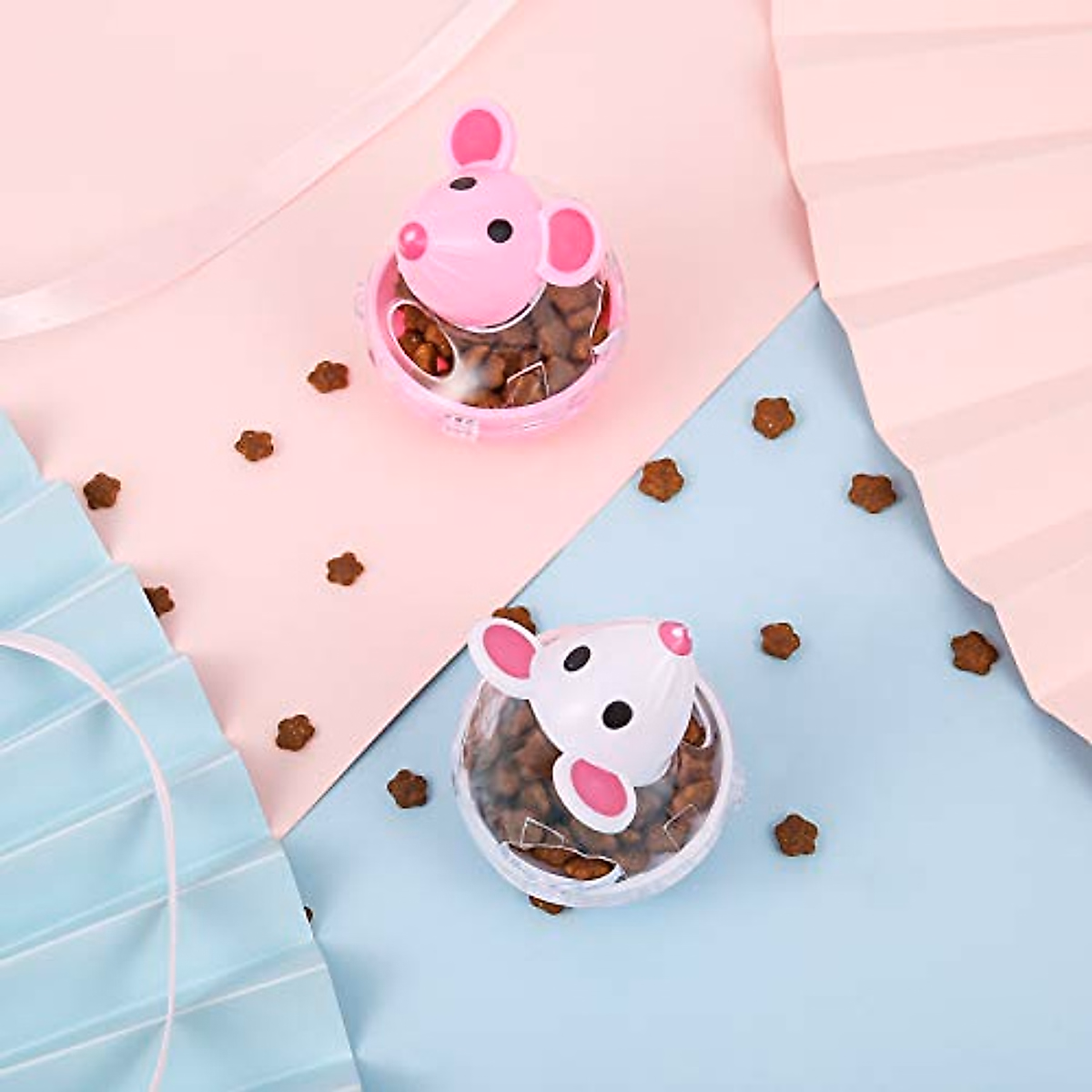 PORTOWN 4 Pcs Cat Food Ball Dispenser, Small Cat Food Balls Slow Feeder Mice Shaped Tumbler Cat Food Toy Cat Treat Toy Feeder Toy for Interactive Training(Pink,White)