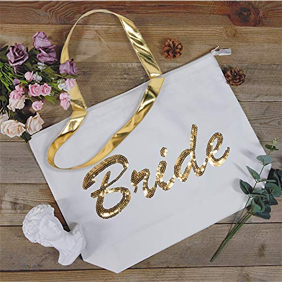 TOPDesign Wedding Gold Sequin Canvas Tote Bag, Bridal Shower Gifts for Bride Bag with an Internal Pocket, Top Zipper Closure, Bride