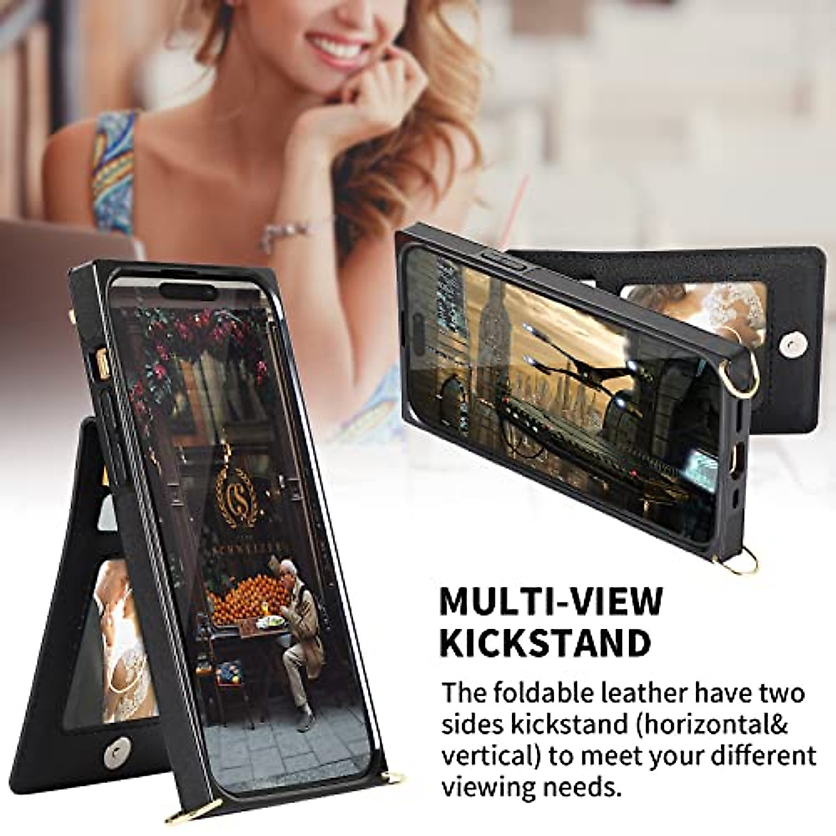 HOGGU Crossbody iPhone 14 Pro Max Case Wallet with Card Holder, Flip Leather iPhone 14 Pro Max Crossbody Case with Strap, Kickstand, Zipper Purse, Protective Square Phone Case for Women Girls-Black