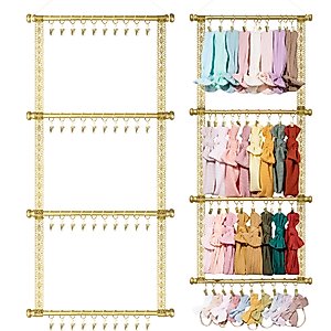 CN Headband Organizer Holder for Baby Girls, Bow Holder for Girls Hair bows,Hair Accessories Hanger Boho Ribbon Storage with 40 Gold Clips for Nursery Hanging Room Decor For Wall (Gold)