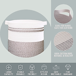 Large Laundry Hamper Basket, Clothes Hamper for Bedroom, Nursery, Living Room - Jute Woven Rope Basket with Handles, Collapsible laundry baskets for Toys, Pillows, Blankets-20x16in-63L Brown & White