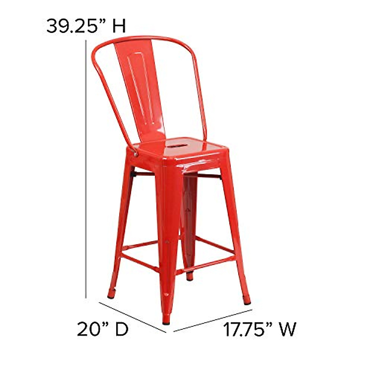 EMMA + OLIVER Commercial Grade 24" H Red Metal Indoor-Outdoor Counter Height Stool w/ Back