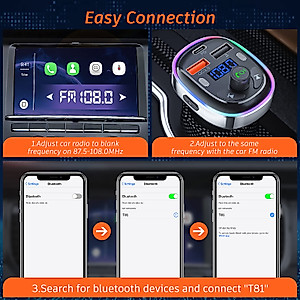 SONRU​ Bluetooth 5.3 Fm Transmitter for Car, Bluetooth Car Adapter with Dual USB Charger 48w Pd&Qc3.0 USB 7 Colored LED Backlit Light Support Handsfree Calling