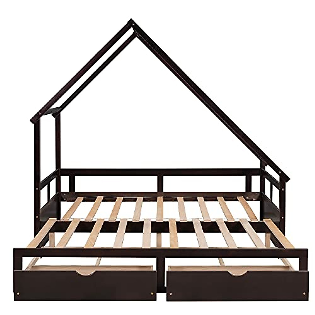 Extending Wood House Bed Daybed with Roof & 2 Drawers for Kids Teen Toddler, Convertible Sofa Bed Captains Bed Frame with Wooden Slats Support for Living Room, Can Convert From Twin To King (Espresso)