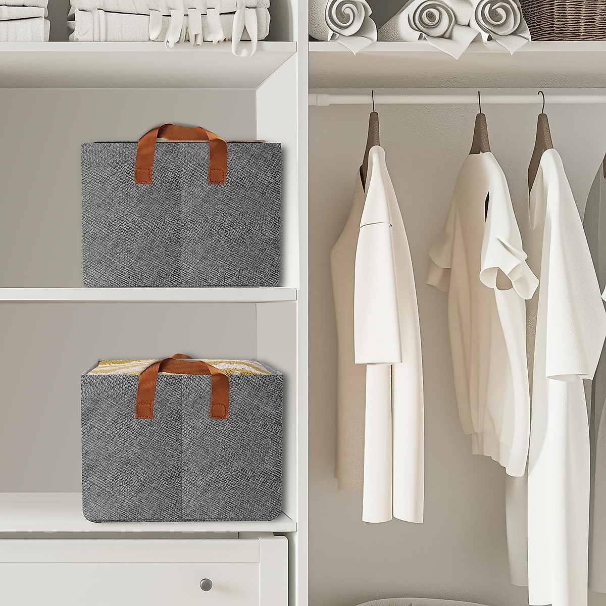 YXOBHDY Storage Baskets for Closet with Metal Frame, Fabric Storage Bins for Shelves, Shelf Baskets and Bins with Handles for Clothes Toys Organization, 4-Pack