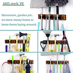 2PCS Mop and Broom Holder Wall Mount, Broom Holder Wood Broom Rack Garden Tool Rack Organizer for Laundry Room Decor with 3 Slots 4 Hooks