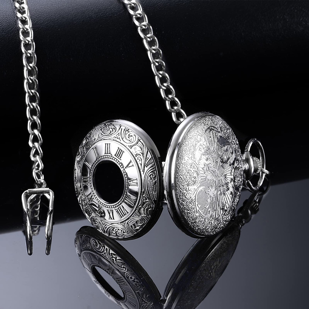 BOSHIYA Quartz Pocket Watch with Chain Mens Vintage Steampunk Pocket Watch/Roman Numerals/Hollowed Out Watch Cover/Gift Box