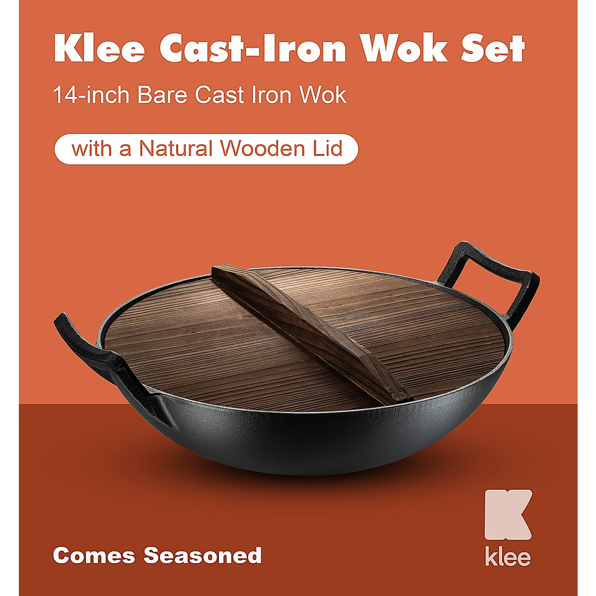 Klee Pre-Seasoned Cast Iron Wok Pan with Wood Wok Lid and Handles - 14" Large Wok Pan with Flat Base and Non-Stick Surface for Deep Frying, Stir-Frying, Grilling, Steaming - Stovetop and Oven Safe